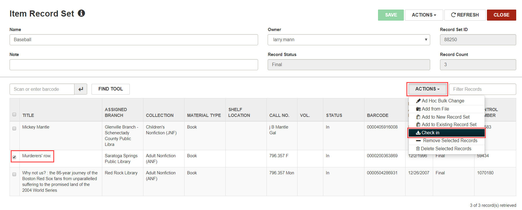 Check In an Item from a Record Set