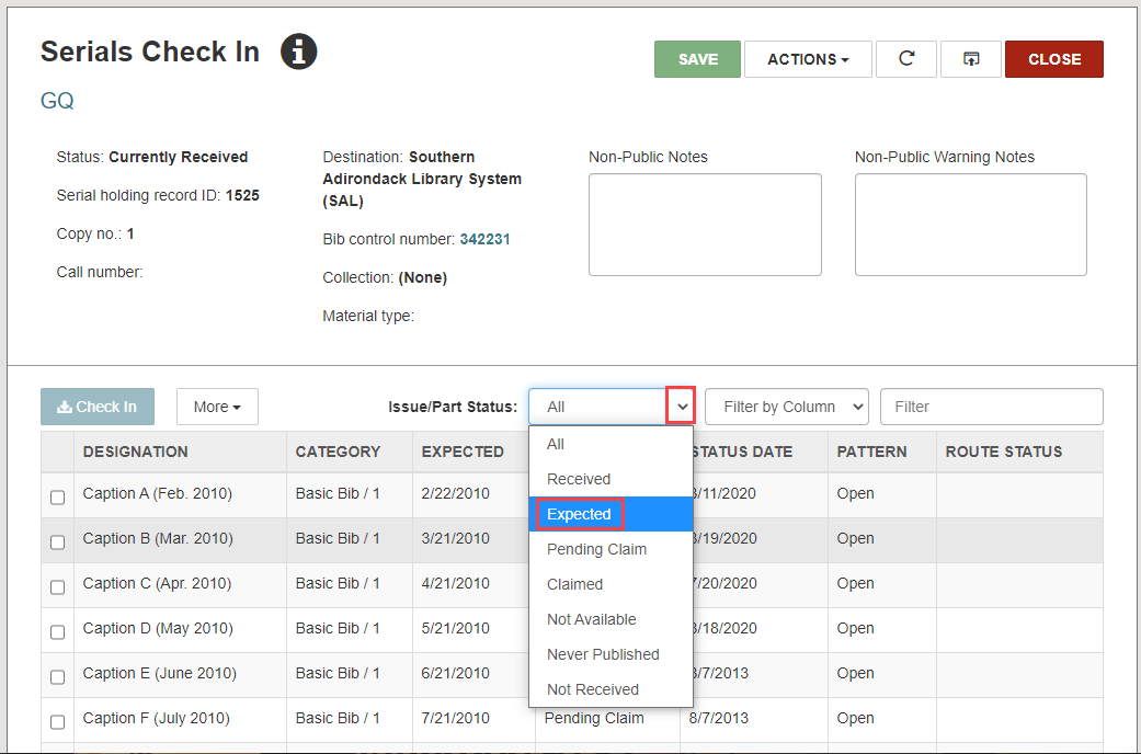 Filter by Serials Check In Status