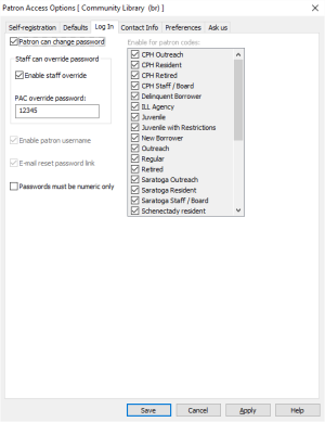 Set patron password and user name options