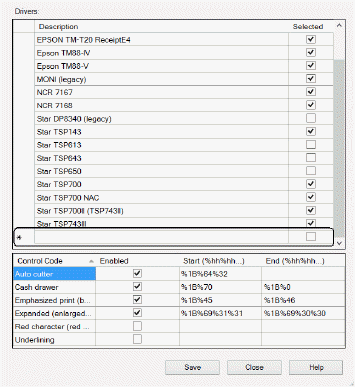 Set receipt printer control codes