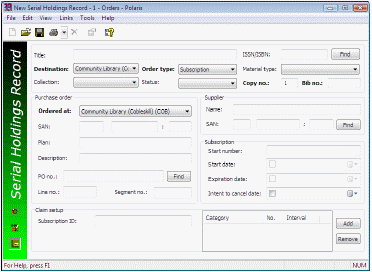 Enter order data for a serial holdings record